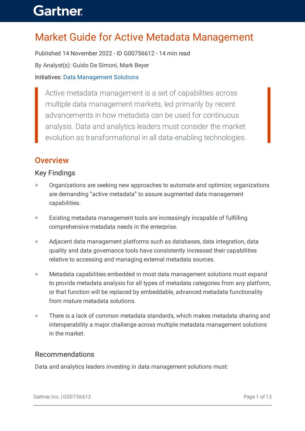 Market Guide for Active Metadata Management